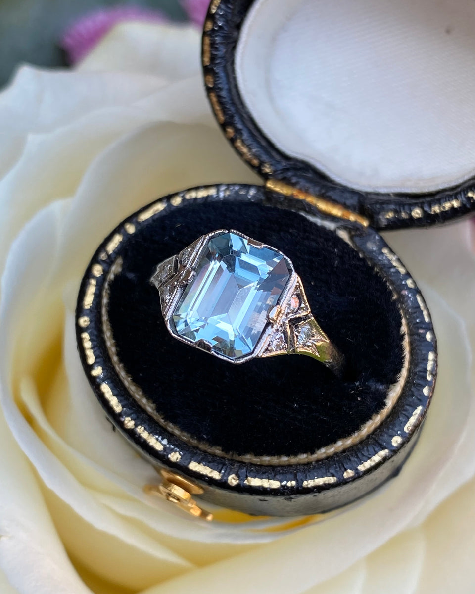 Art Deco Style Aquamarine and Diamond Platinum Ring 0.15ct + 1.80ct ...