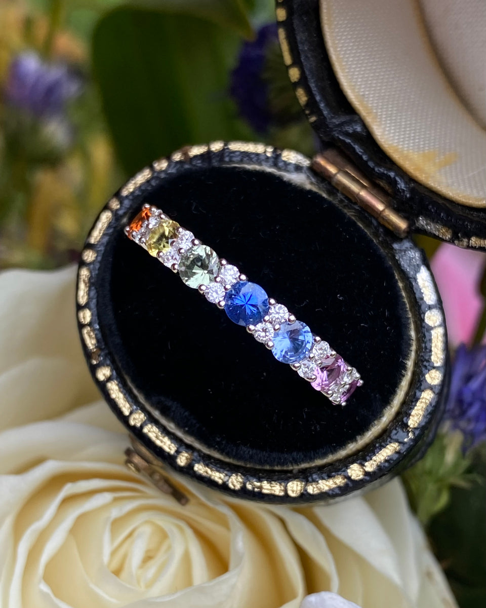 Multi-Coloured Sapphire and Diamond Rainbow Half Eternity Ring 18ct Wh ...