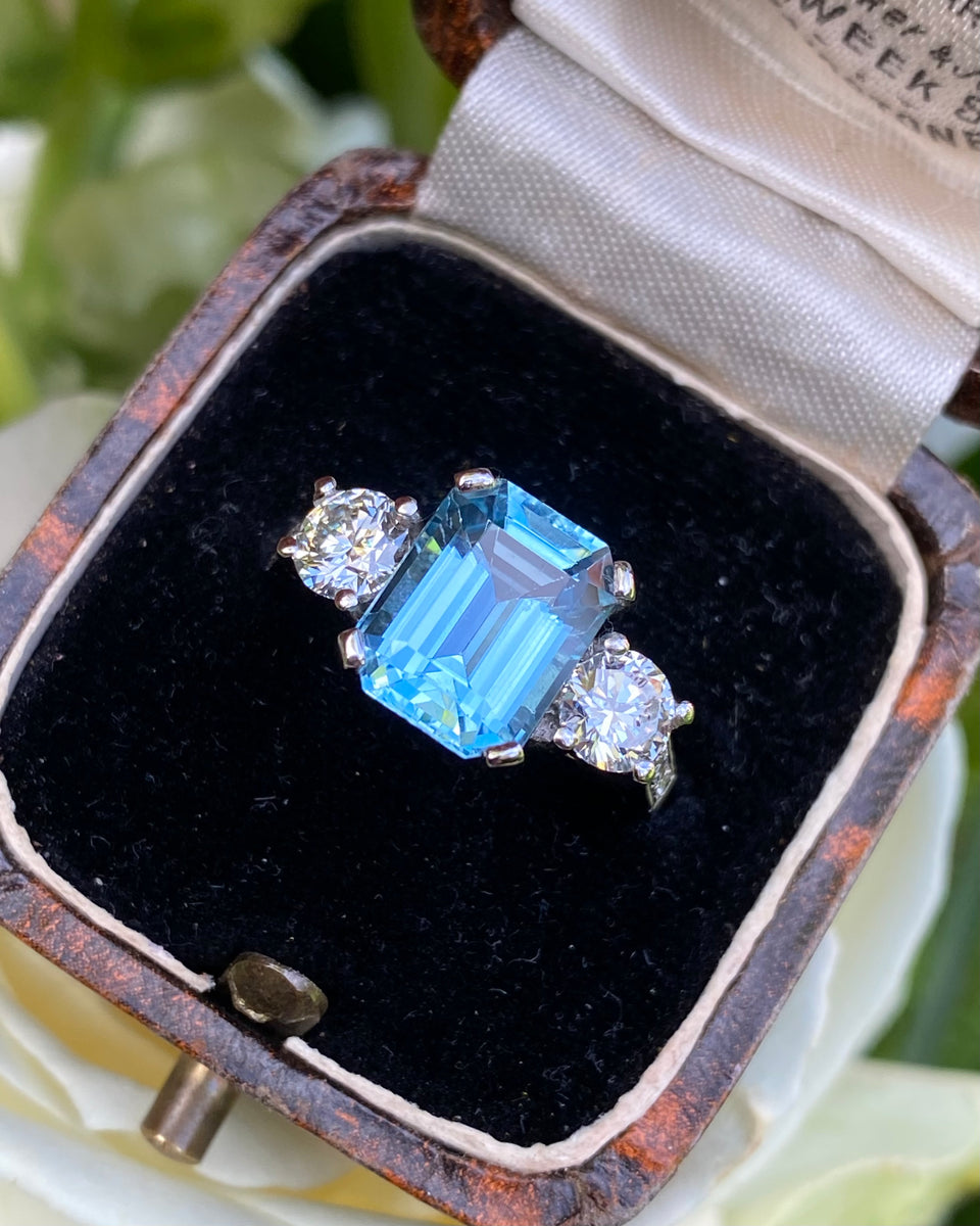 Aquamarine and Diamond Three Stone Platinum Ring 0.90ct + 2.90ct ...